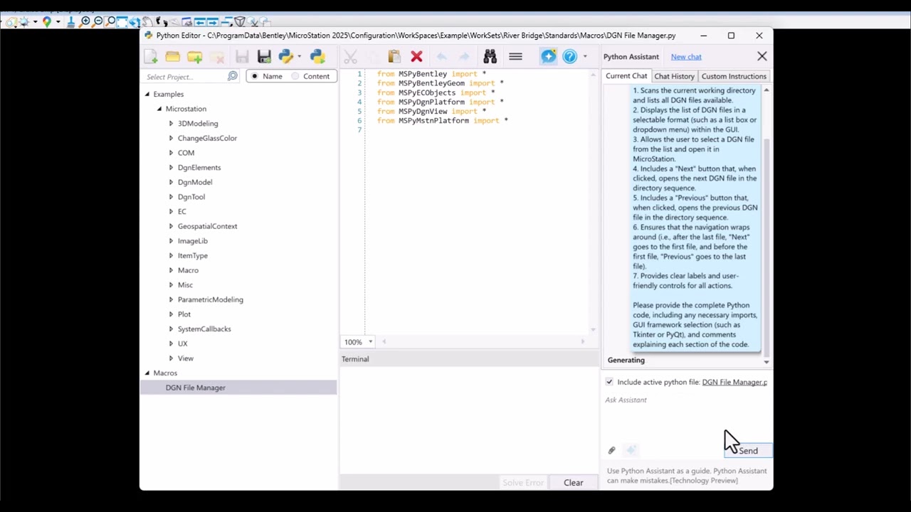 MicroStation 2025 Python Assistant: Creating a DGN File Manager