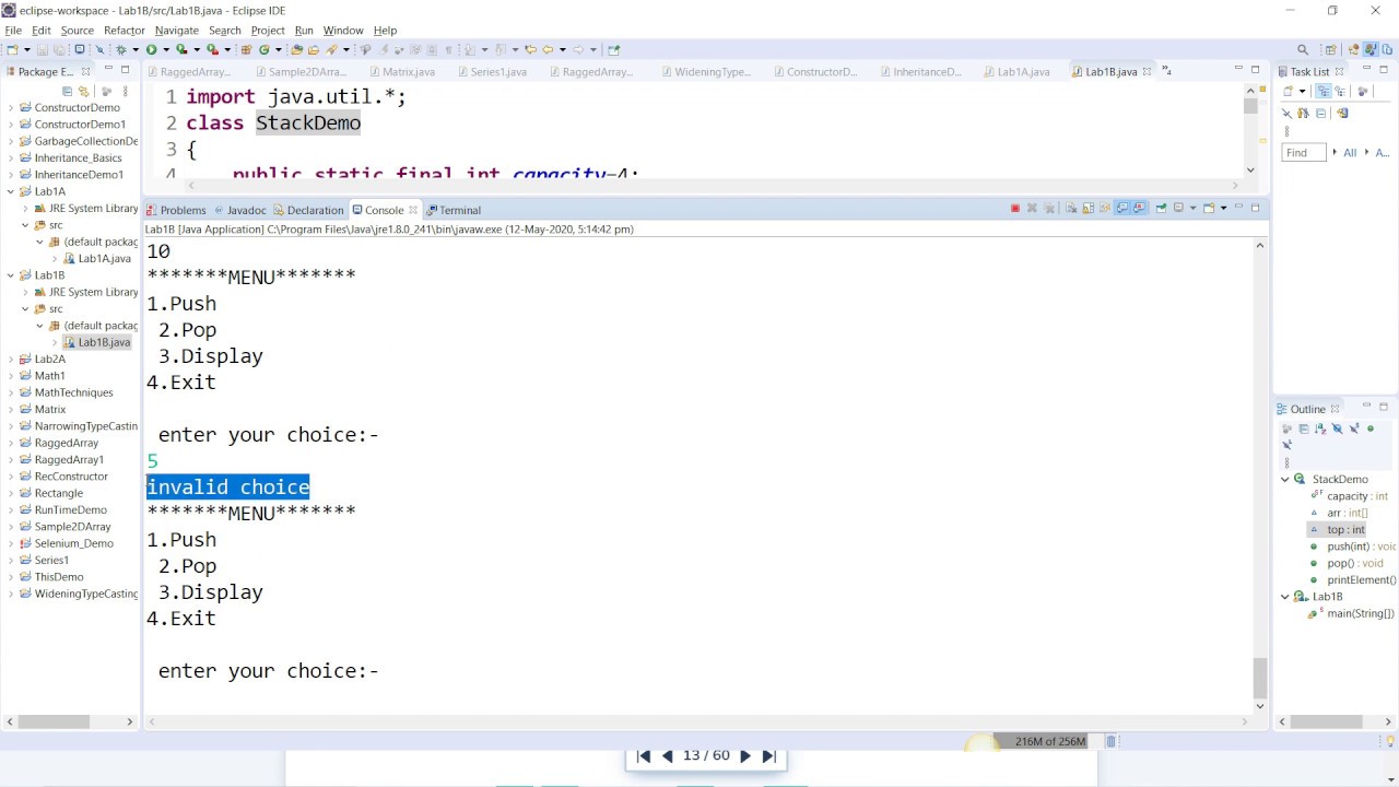 Lab 1b -Write a Java program to implement the Stack using arrays. Write Push(), Pop(), and Display()