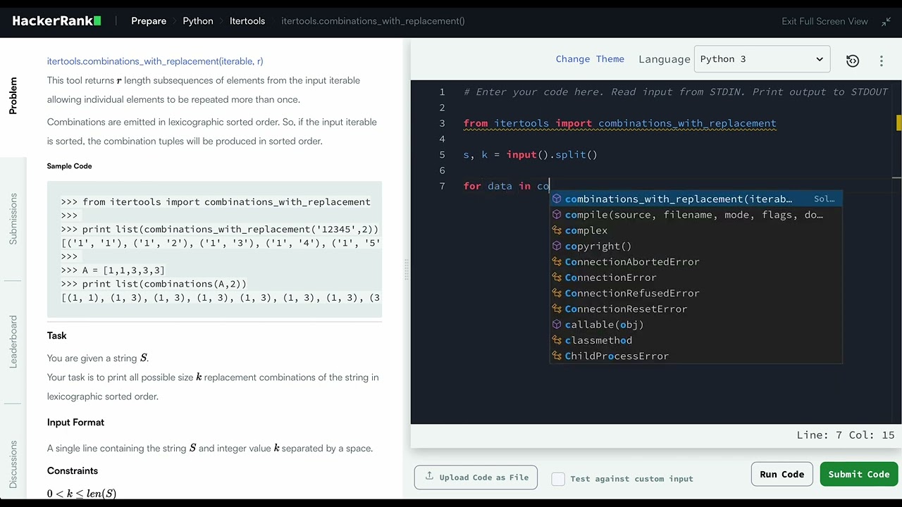 Hackerrank Python Solution #2 Itertools - Python: itertools.combinations_with_replacement()