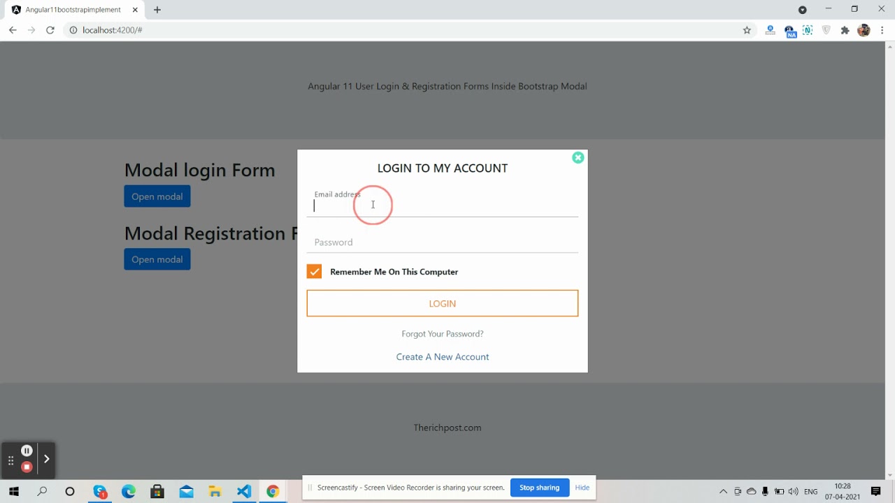 Angular 11 Login & Registration Forms inside Bootstrap Modal Popup