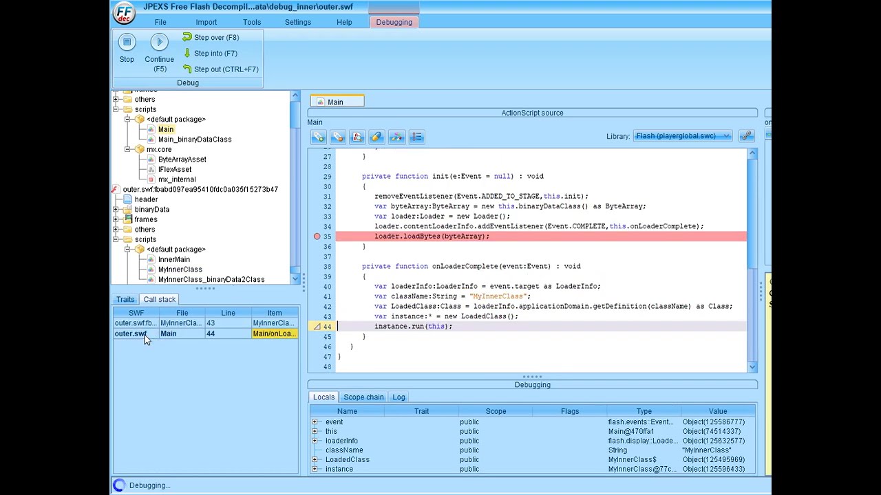 Debugging nested SWFs in JPEXS FFDec 21