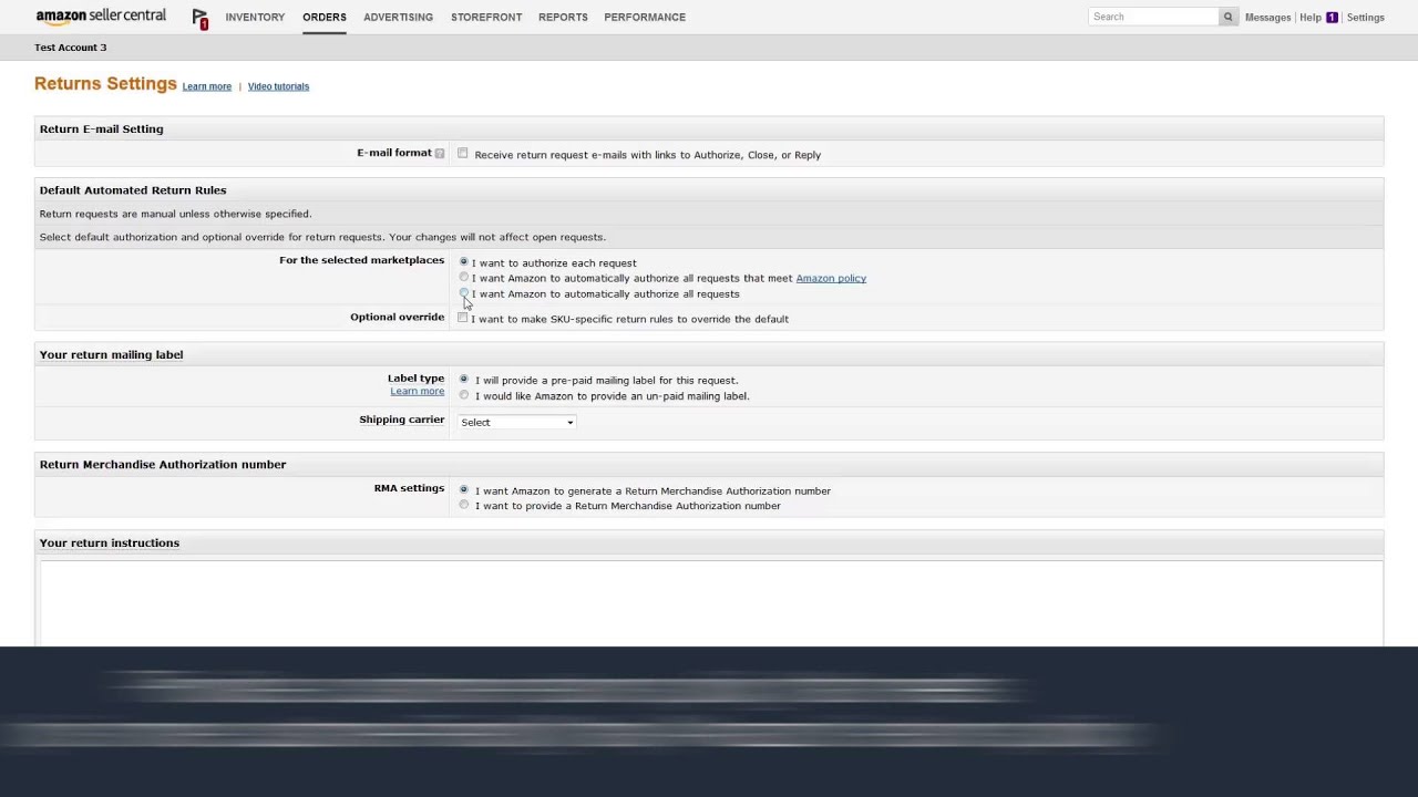 Quick Start: Return Settings