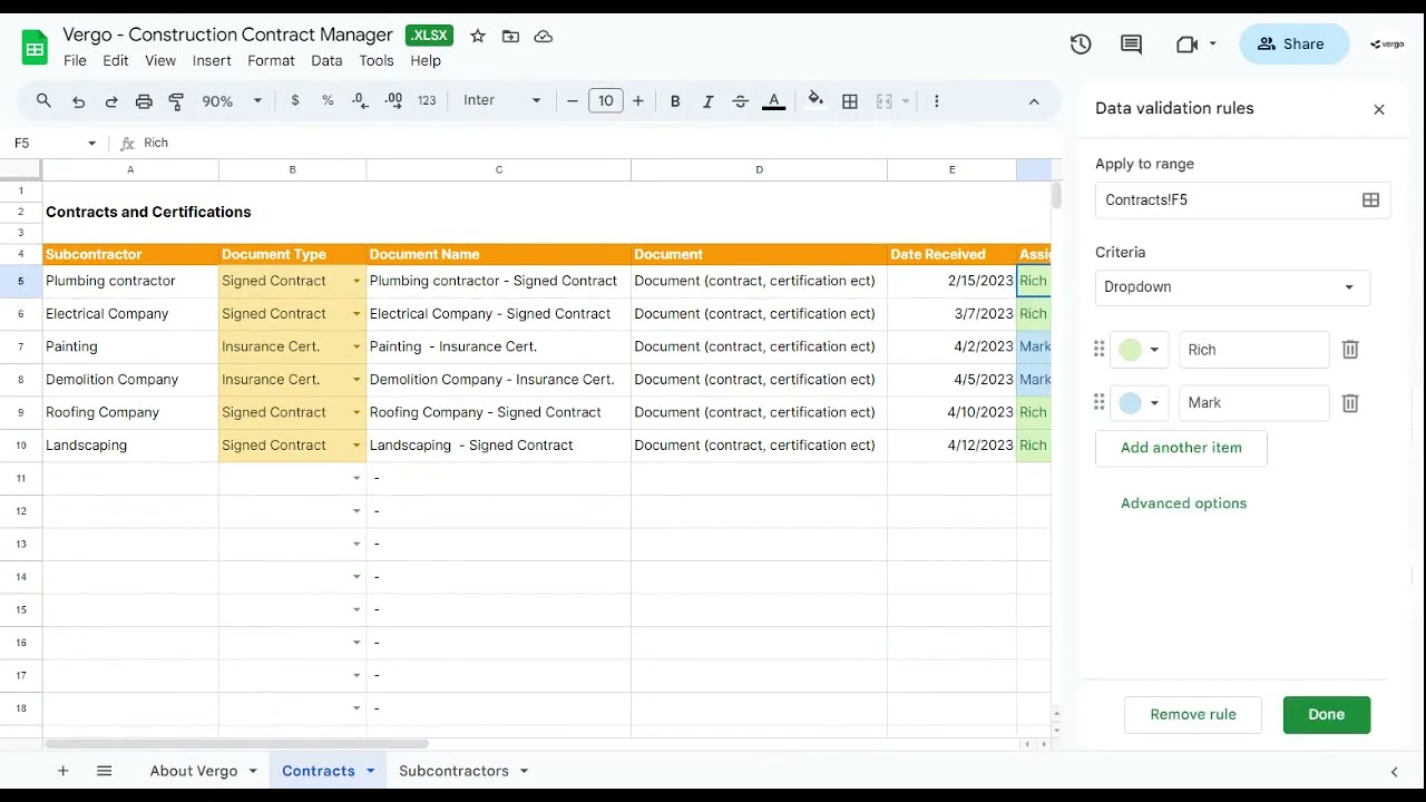 Vergo Construction Contract Manager Template in Google Sheets