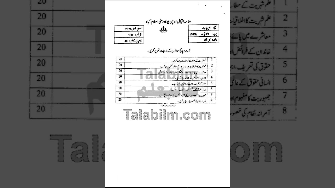 Aiou course code 319, past papers for intermediate students.