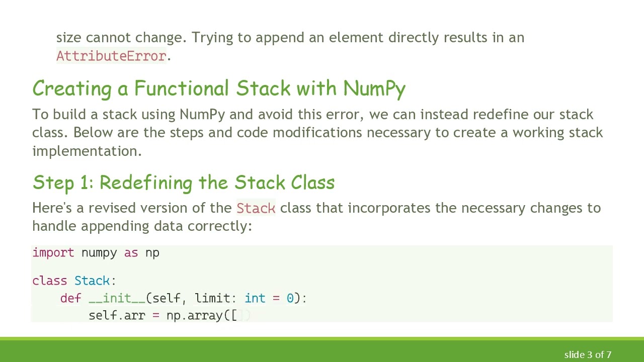 Fixing the 'numpy.ndarray object has no attribute append' Error in Python Stack Implementation