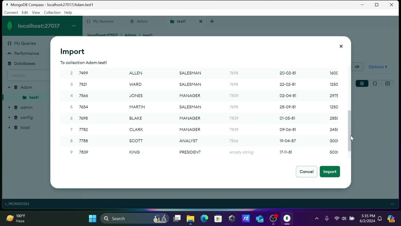 how to import csv file in mongodb compass