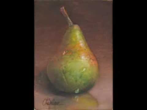 Daniel C. Chiriac ACEO still life realist oil painting pear & water drops