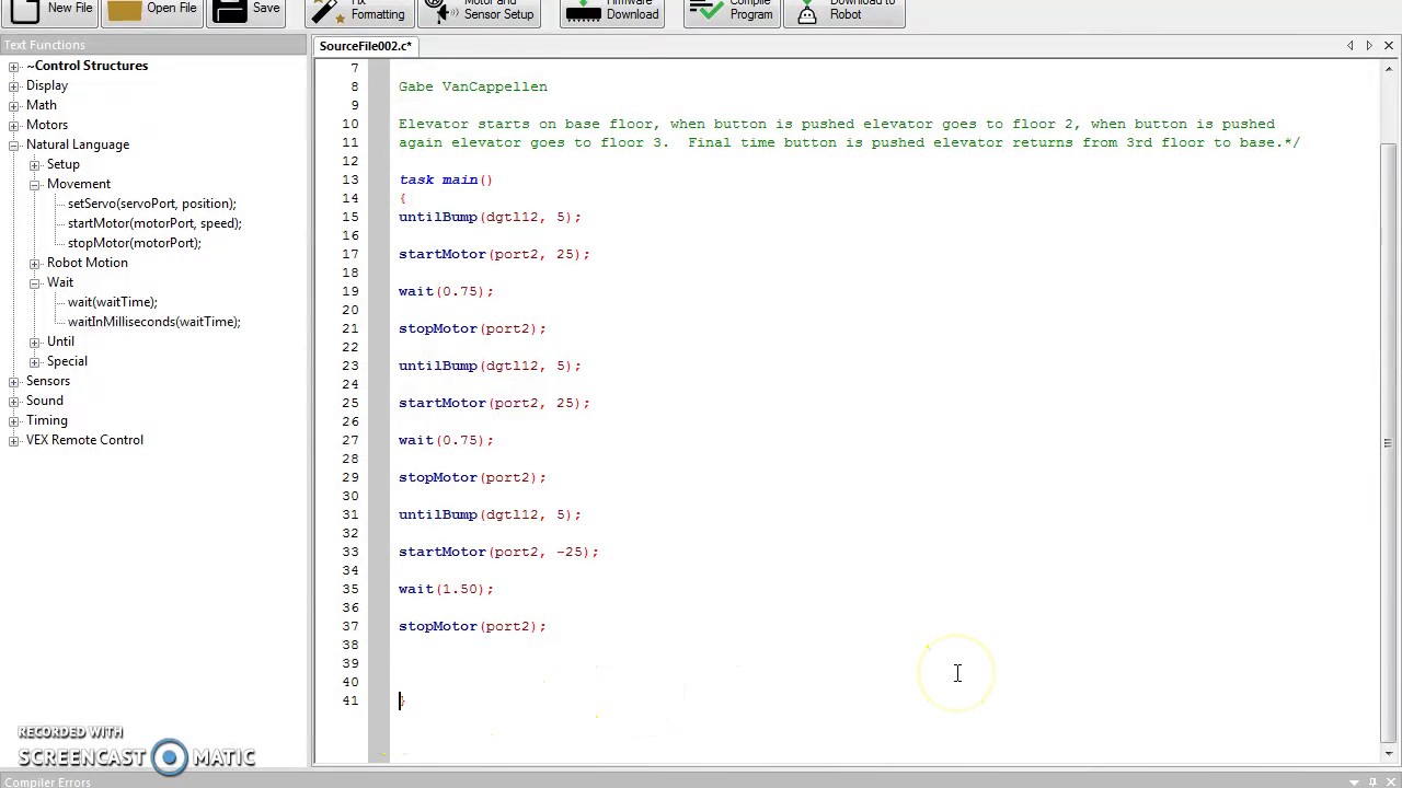 VEX Elevator Program for PLTW AR Class