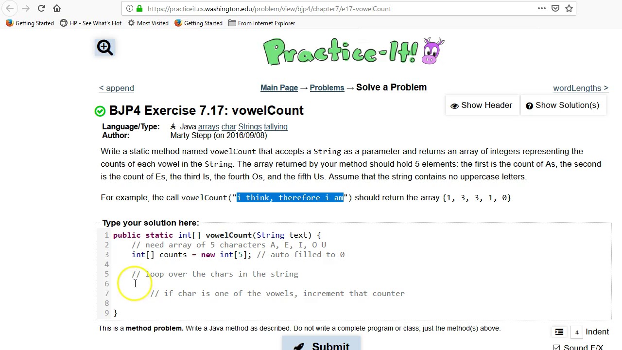 Building Java Programs Chapter 7 Exercise 7.17 vowelCount