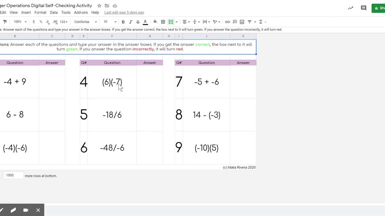 Integers Self-Checking Activity