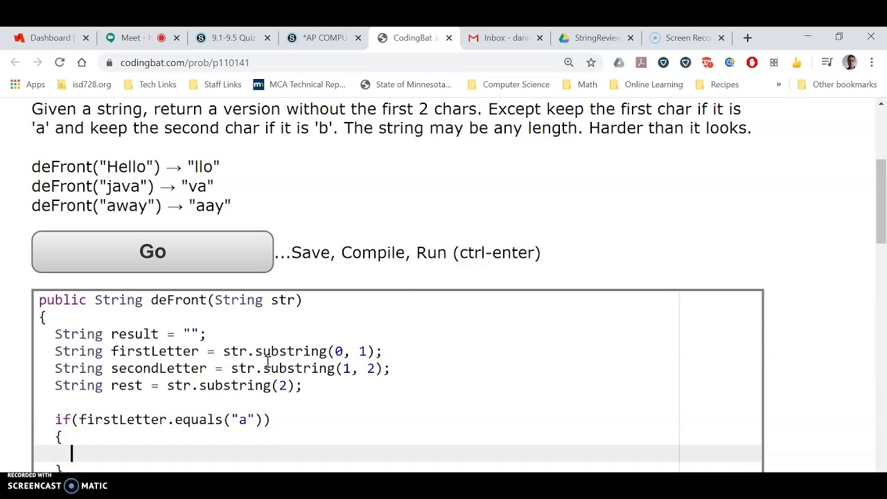 Solution to the deFront CodingBat problem