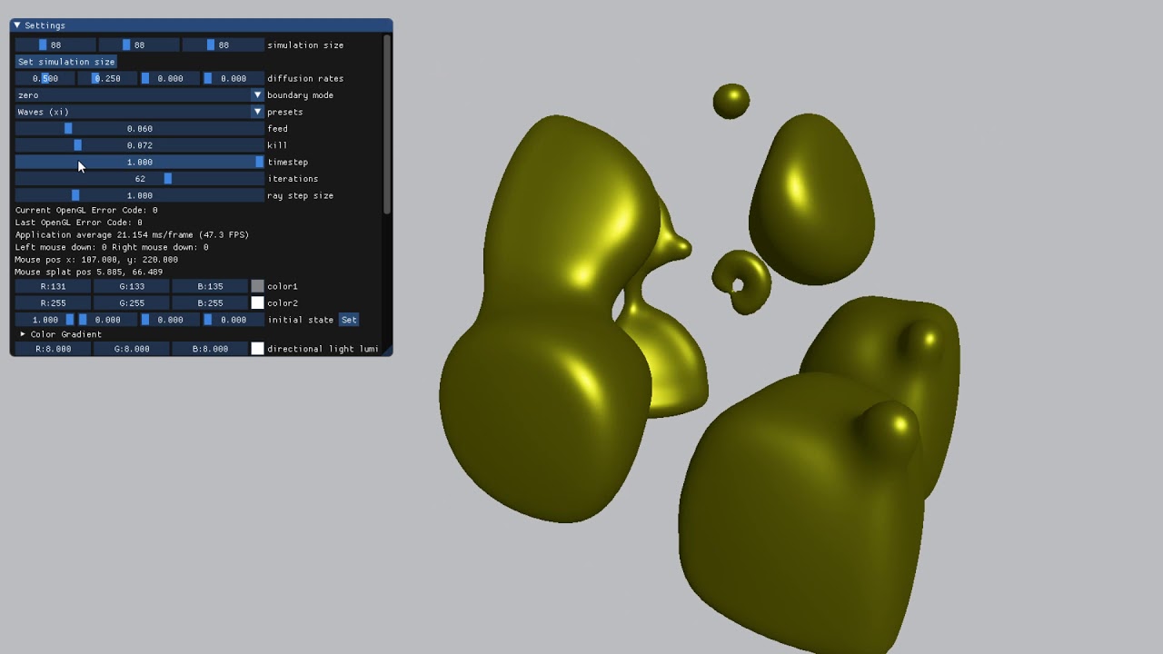 Realtime interactive 3D reaction diffusion simulation