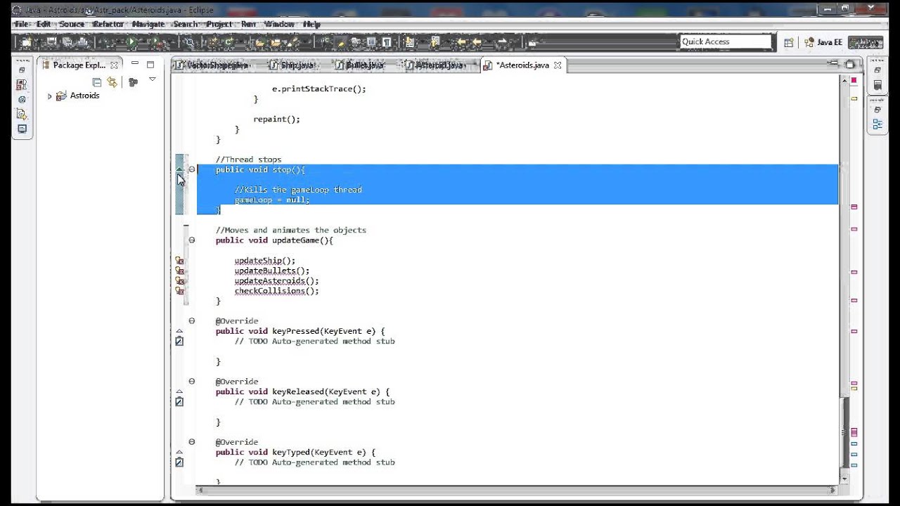 Java Game Programming Tutorial For Beginners (Asteroids Pt. 14 - stop() & updateGame())