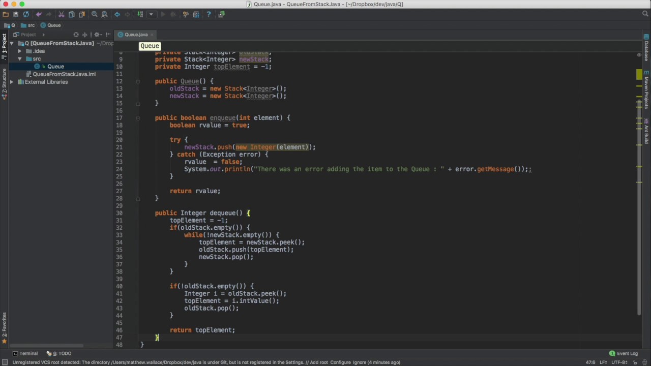 How to solve the Queue From Stack Algorithm with Java