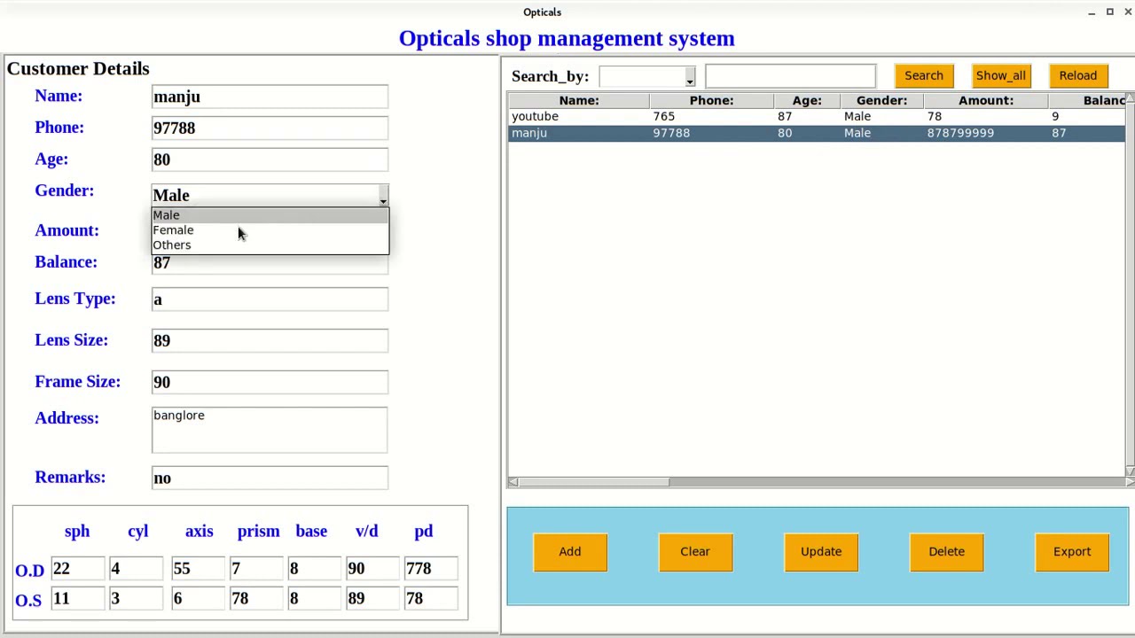 Optical shop management system, python project