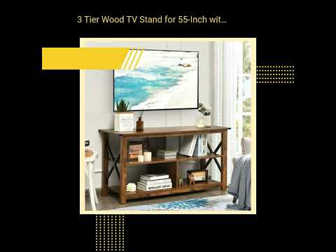 3 Tier Wood TV Stand for 55-Inch with Open Shelves and X-Shaped Frame-Brown