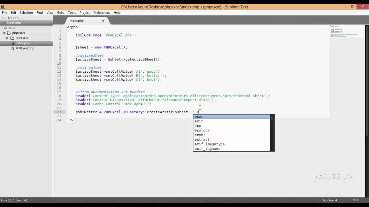 PHPExcel first time - export basic excel file, setActiveSheet, setCellValue, createWriter, save