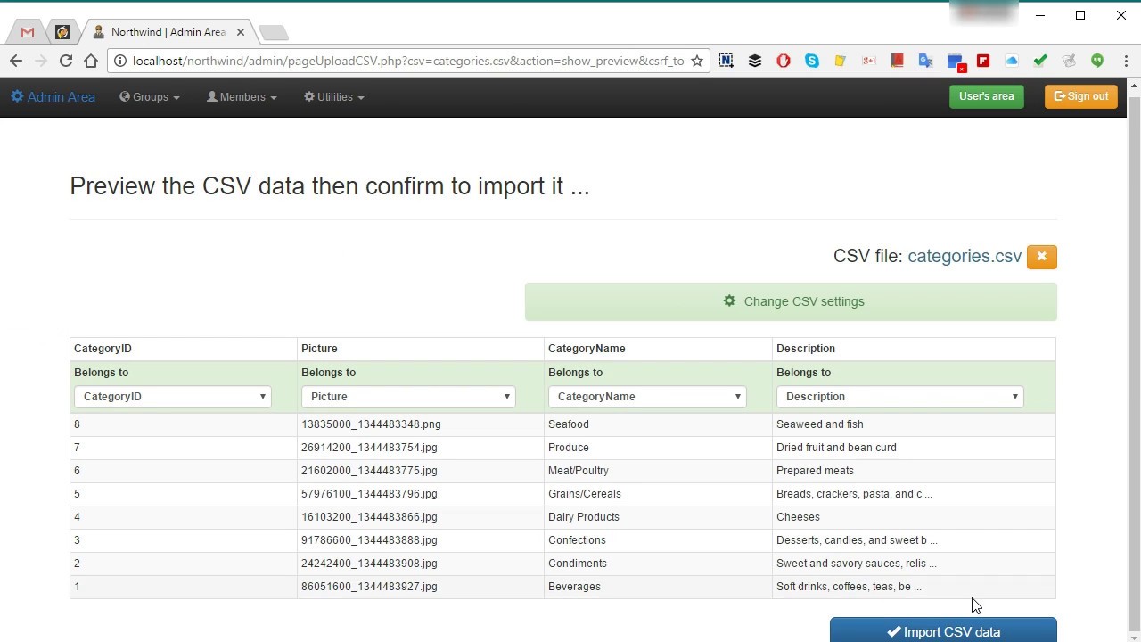CSV import interface