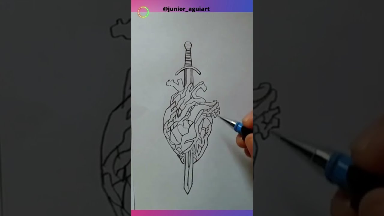 Como desenhar coração com espada estilo tatoo facil