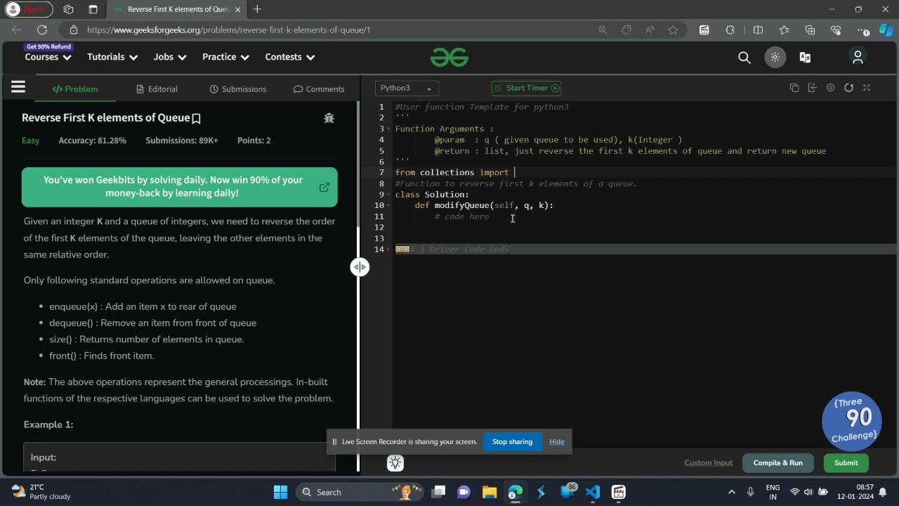 Reverse First K elements of Queue geeks for geeks python solution | problem of the day potd python
