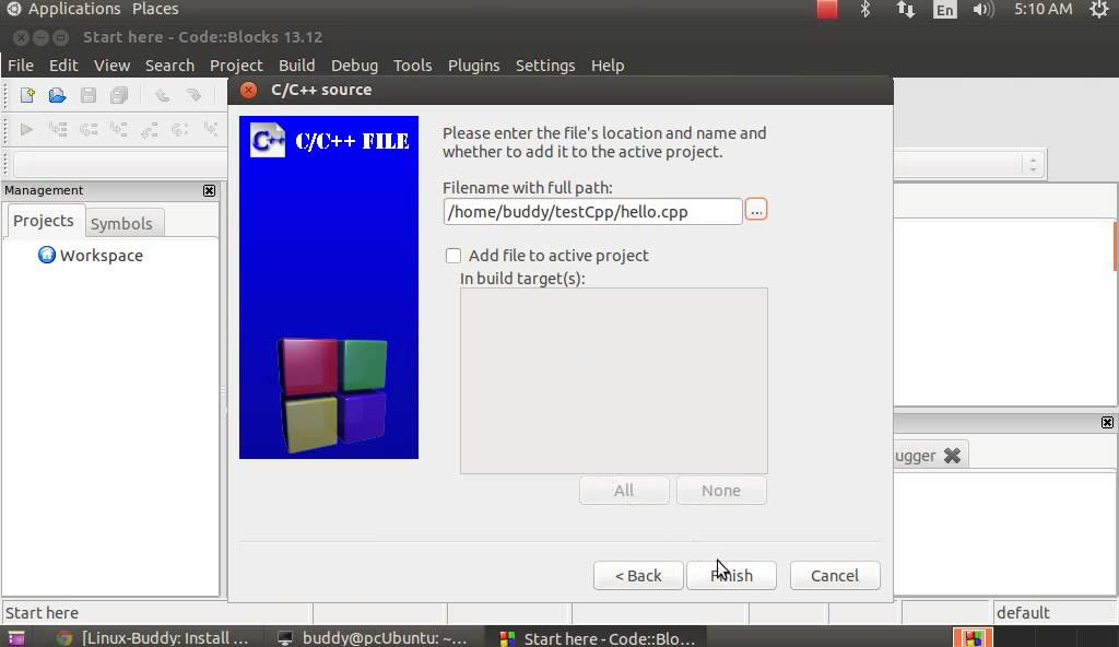 Hello World (hello.cpp) on Linux, Code::Blocks