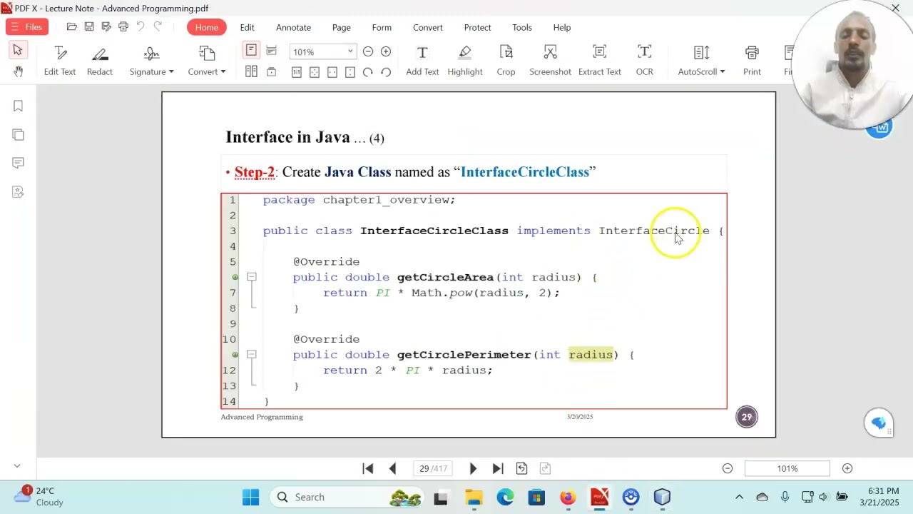 Lecture 9: Java Interface Program for Computing Circle Area and Perimeter
