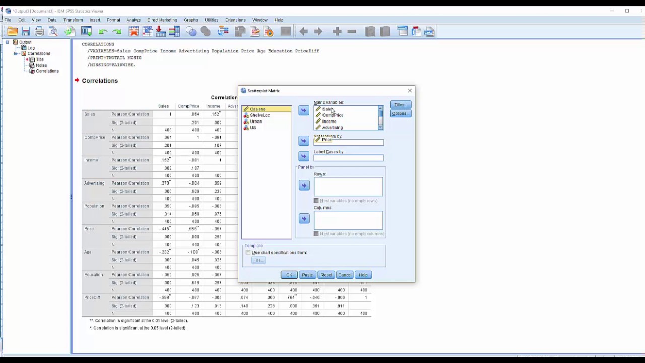 Correlation and Scatterplot Matrices using SPSS
