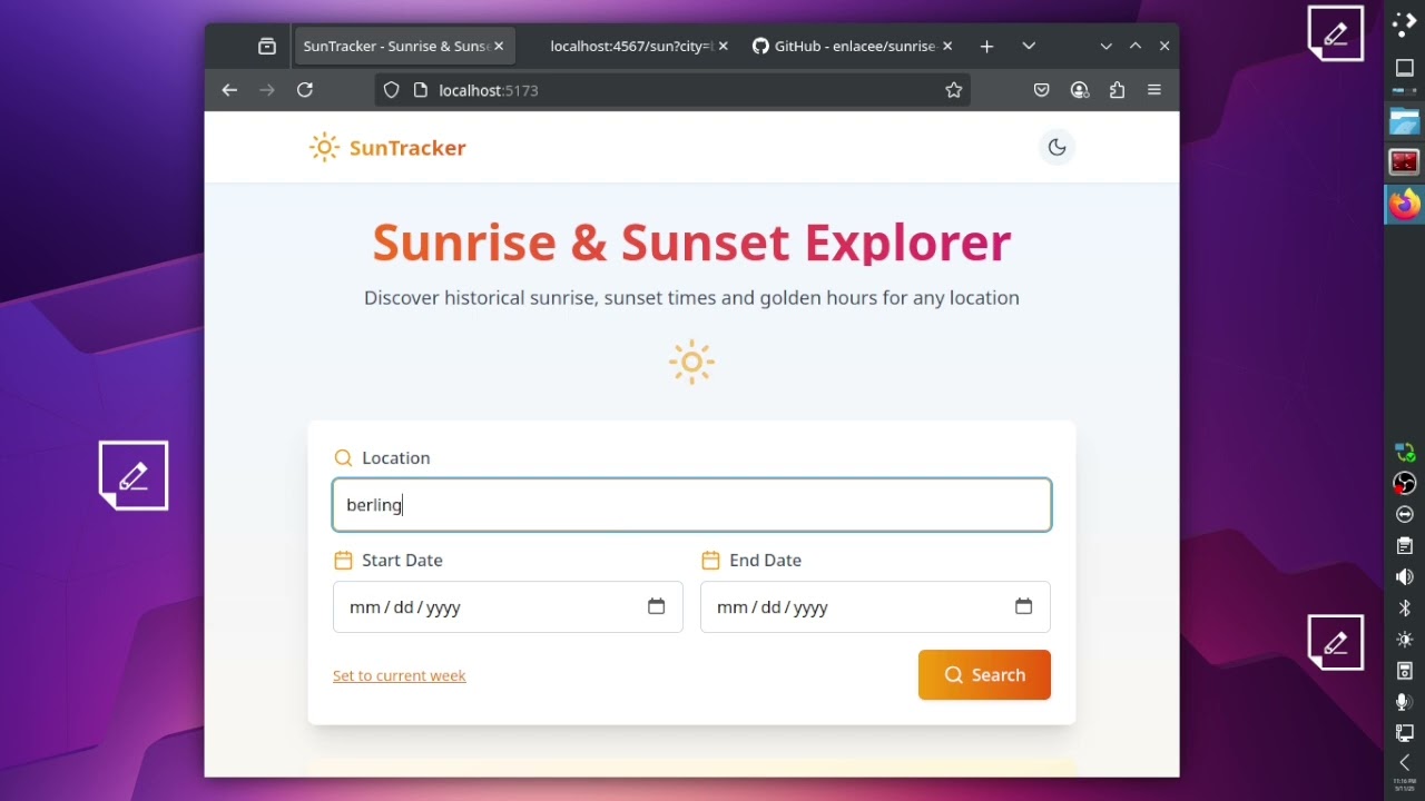 Screencast of the Callenge Sunrise Sunset App with ruby & js