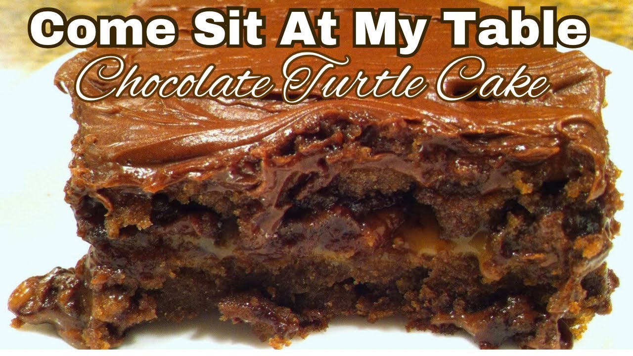 Chocolate Turtle Cake- A Rich Cake Filled with Caramel, Pecans and Chocolate Chips!