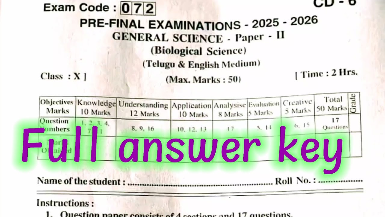 10th class biology pre final exam real question paper with full key sheet