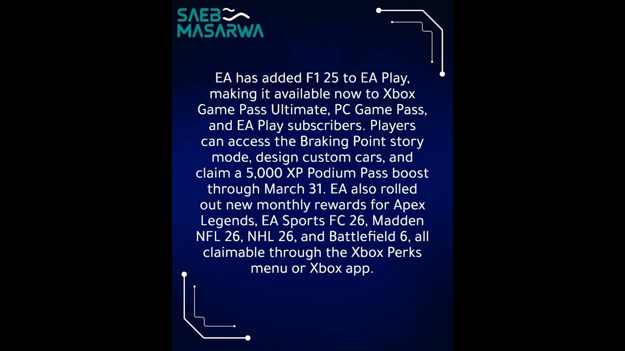 EA adds F1 25 to EA Play and expands monthly member rewards with new perks and bonuses now