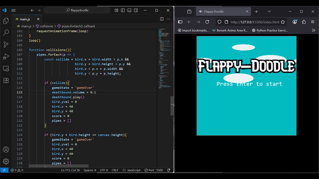 Vanilla Javascript flappy bird clone with HTML5 canvas