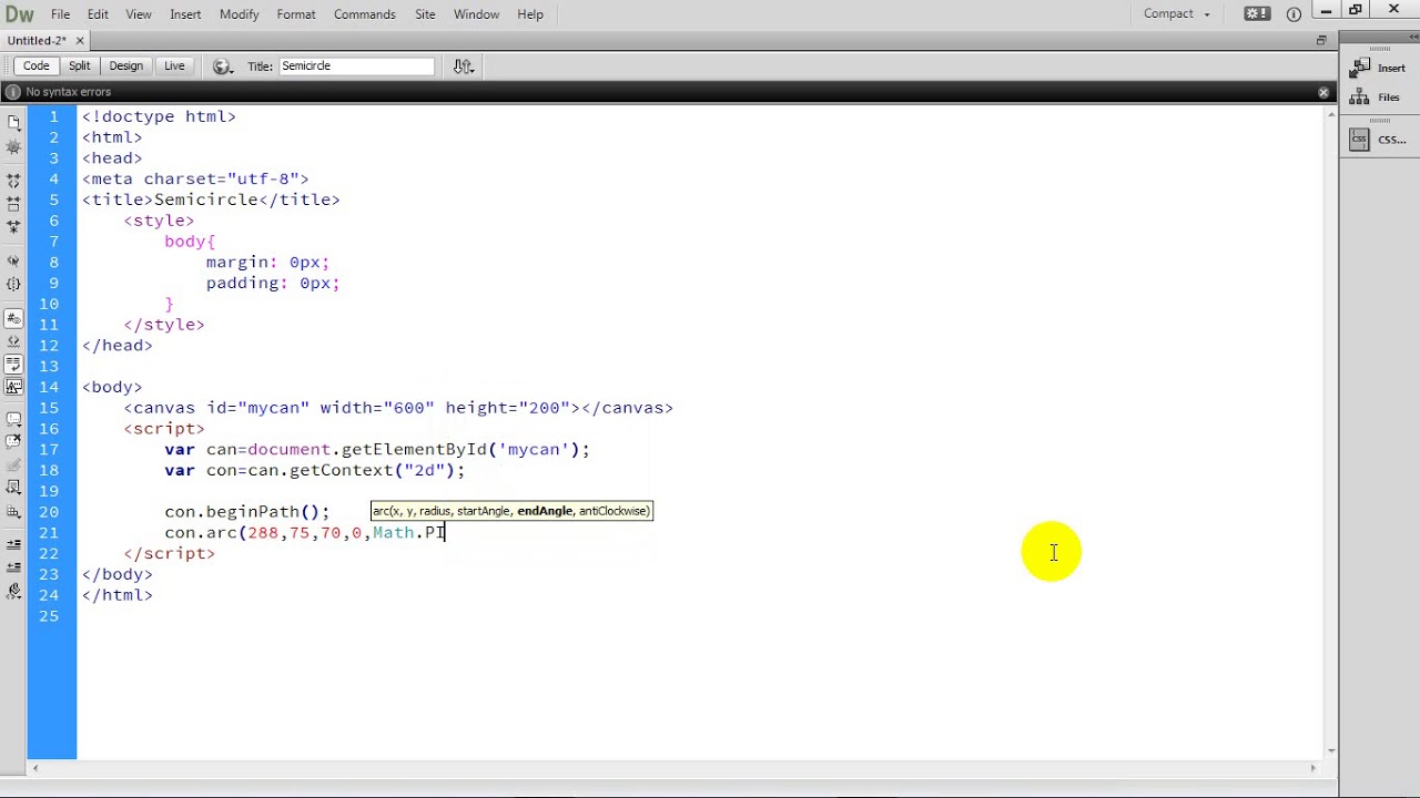 How to Draw Canvas Semicircle in HTML5 JavaScript