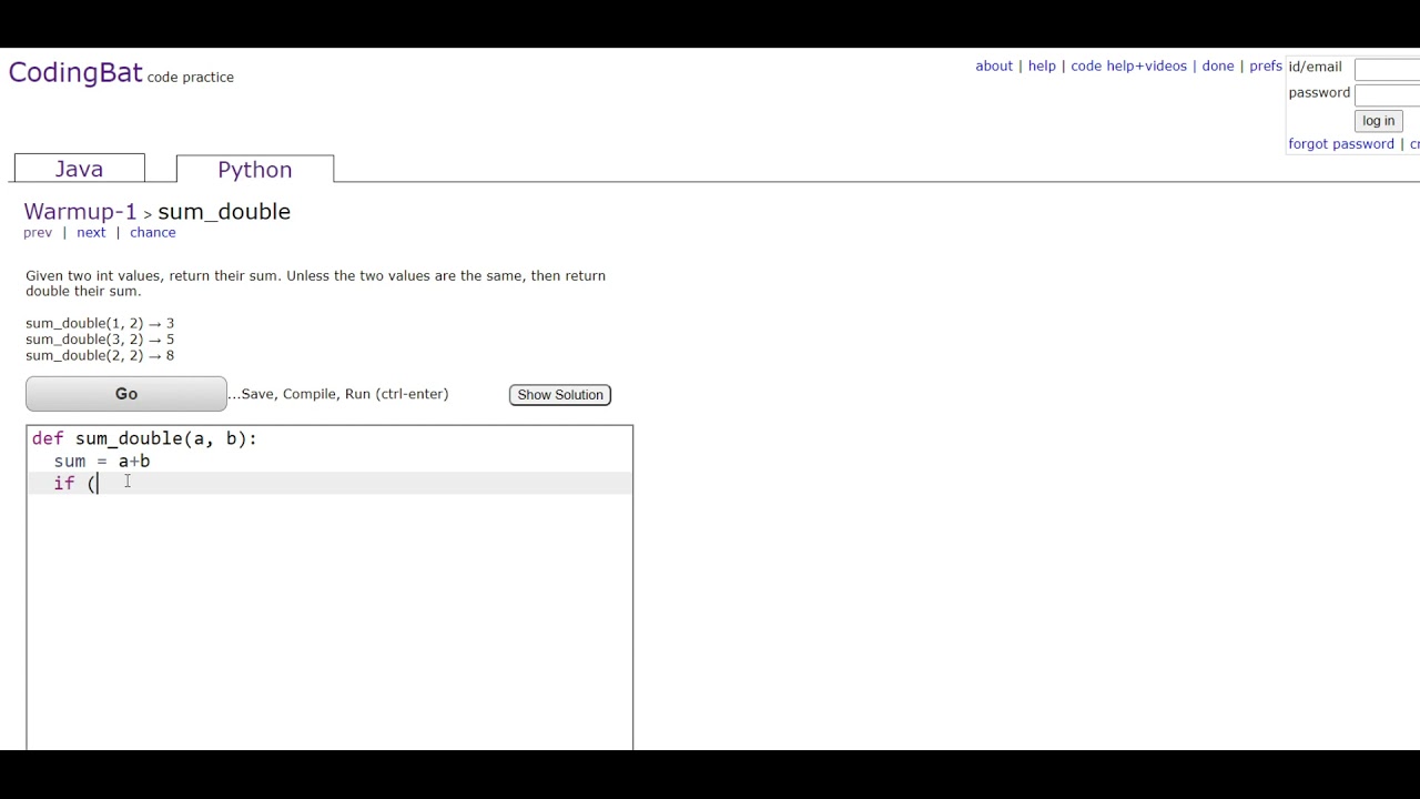 Warmup-1 (sum_double) Python Tutoriall || Codingbat.com