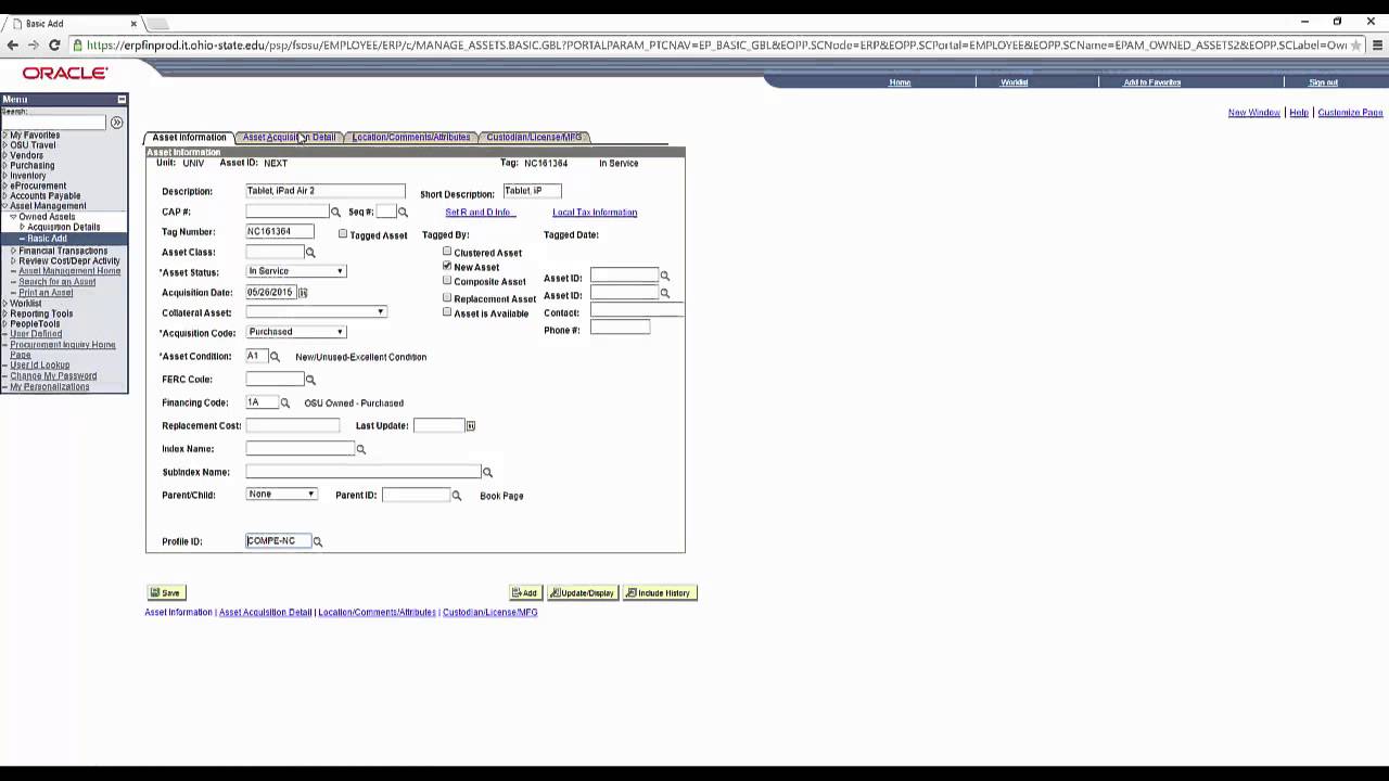 PeopleSoft: Add an Asset