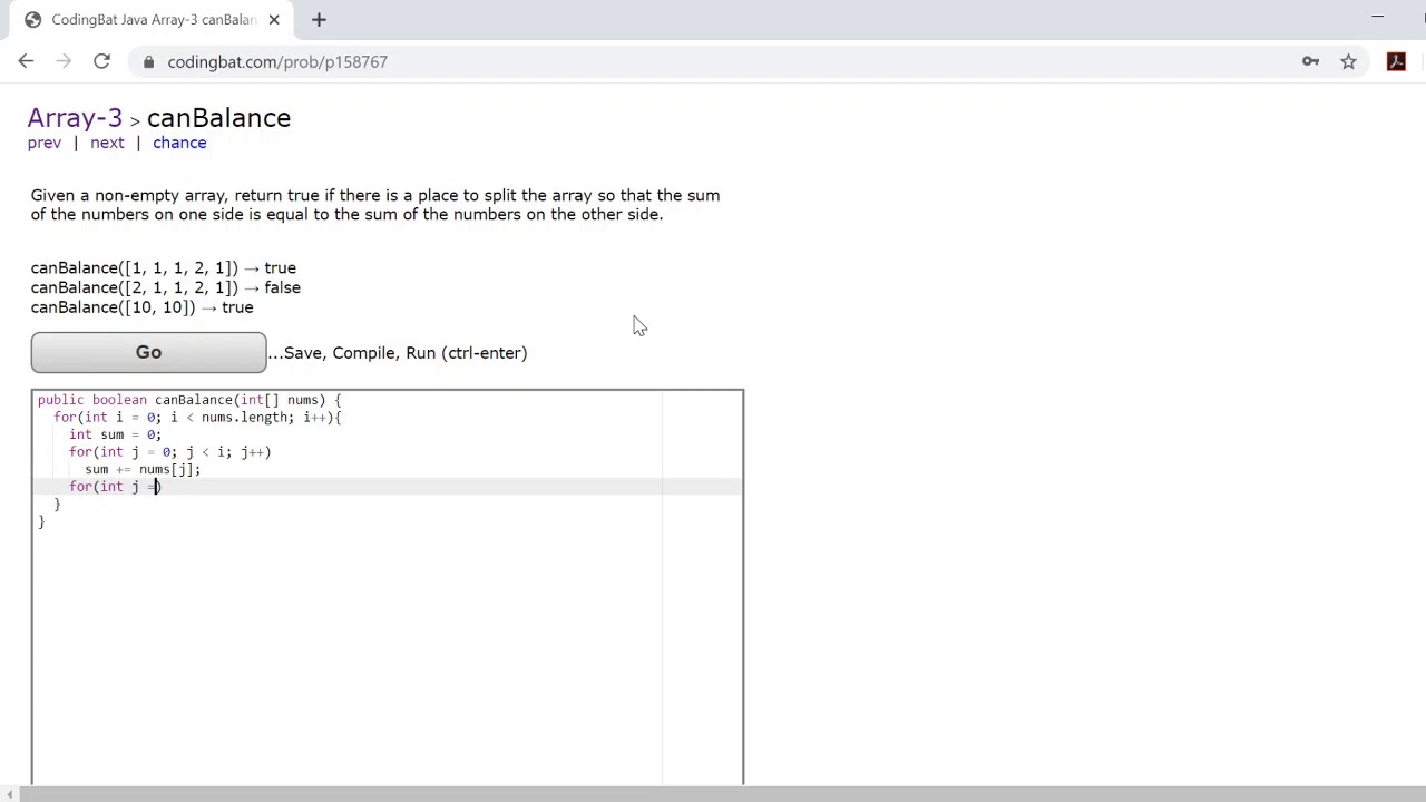 Array-3 (canBalance) Java Tutorial || codingbat.com