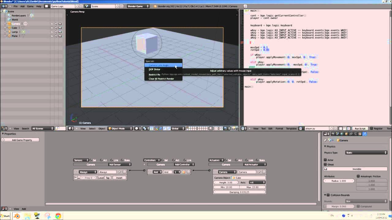 [HD] Blender 2.6 Game Engine Python Scripting Tutorial - Rotation and Force