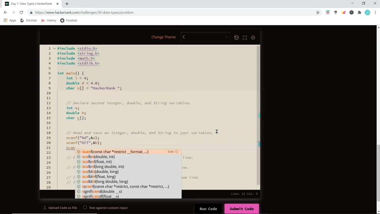 Day 1  Data types   30 Days of code   Hackerrank solutions in C Full HD