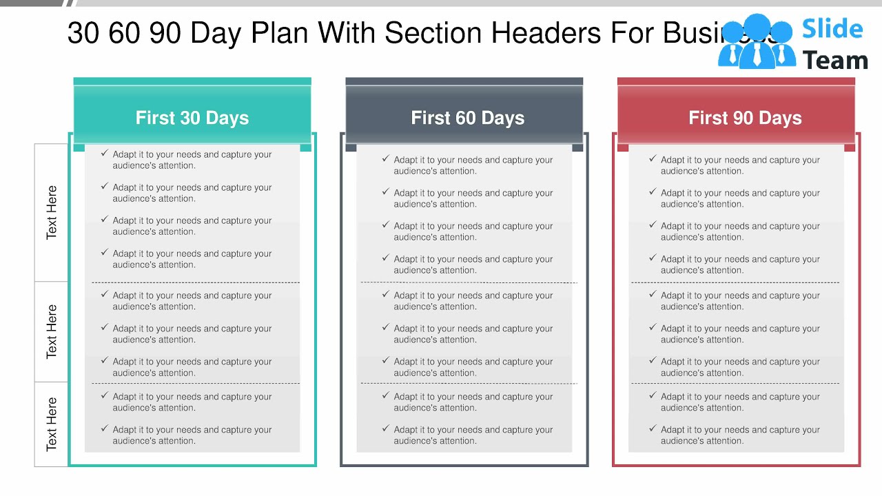 30 60 90 Day Plan With Section Headers For Business Powerpoint Guide