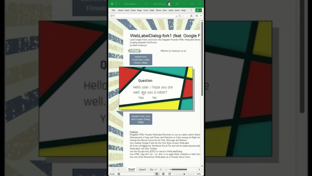 #Shorts Introducing WebLabelDialog-fork1 (feat. Google Fonts and Icons) for Excel #fork