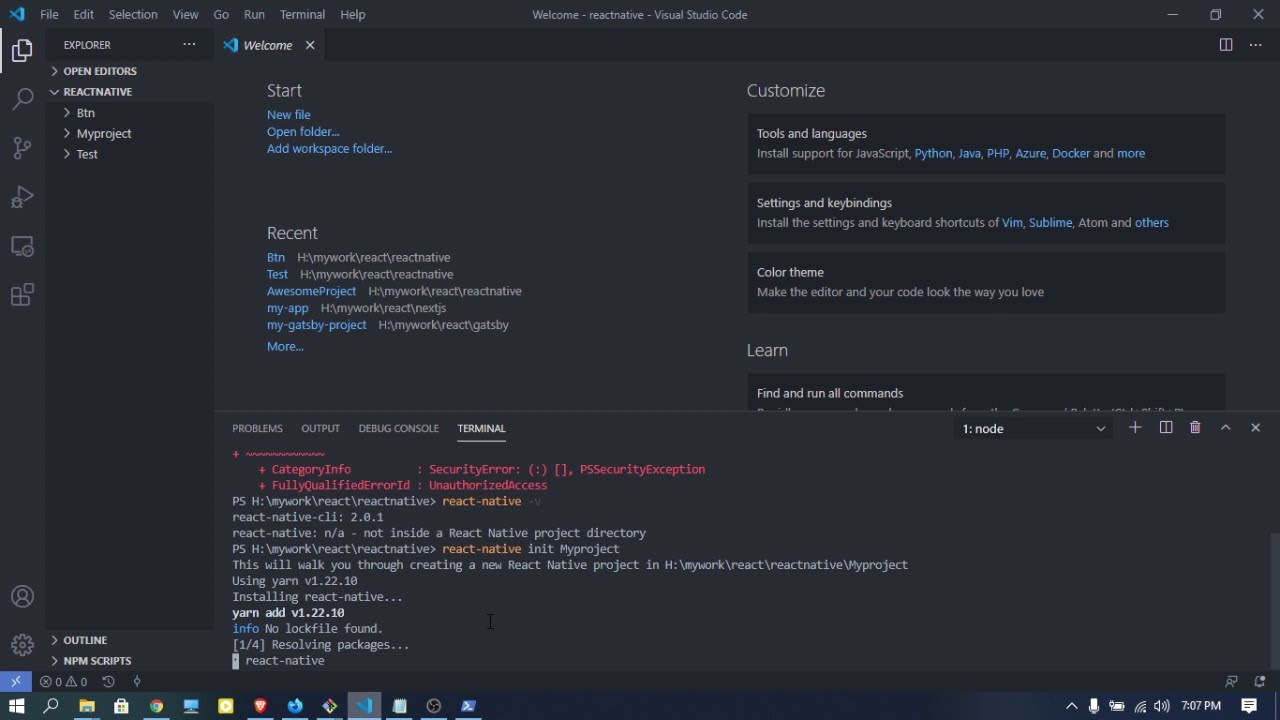 React js react native command line error in VS code | Set-ExecutionPolicy Unrestricted -Force