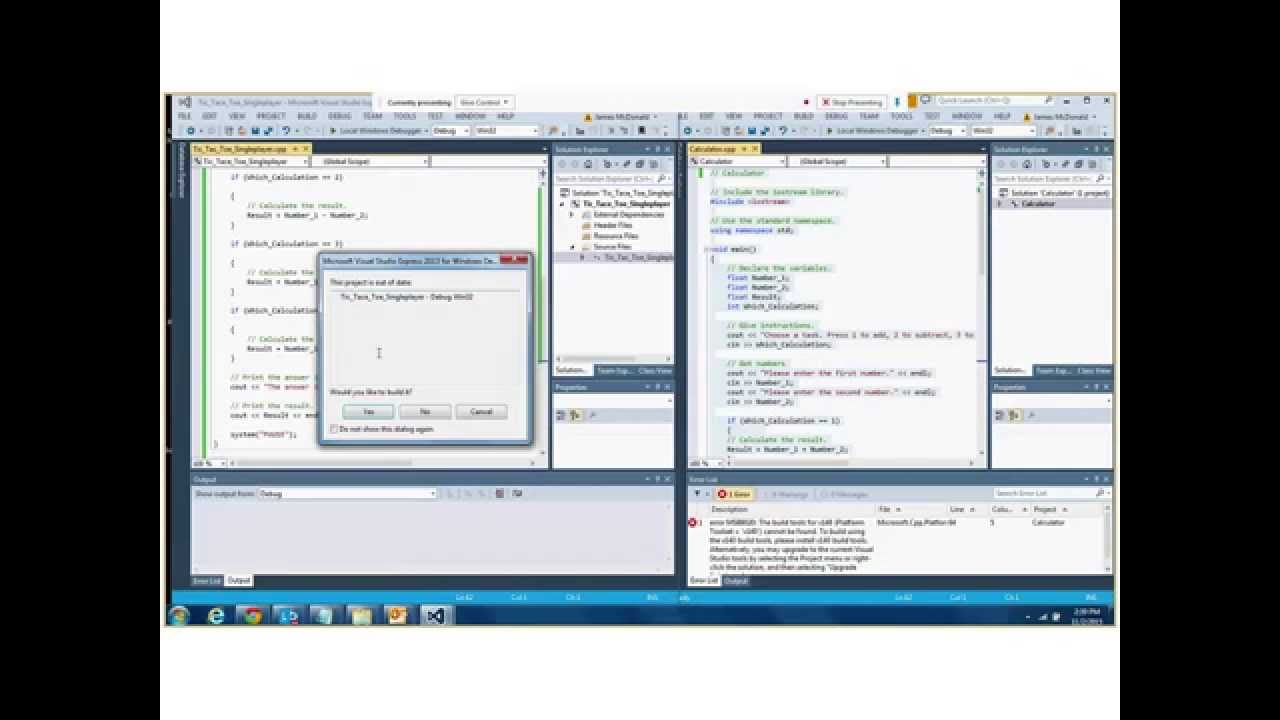 Visual Studios 2013 - Error for compiling a working program FIXED