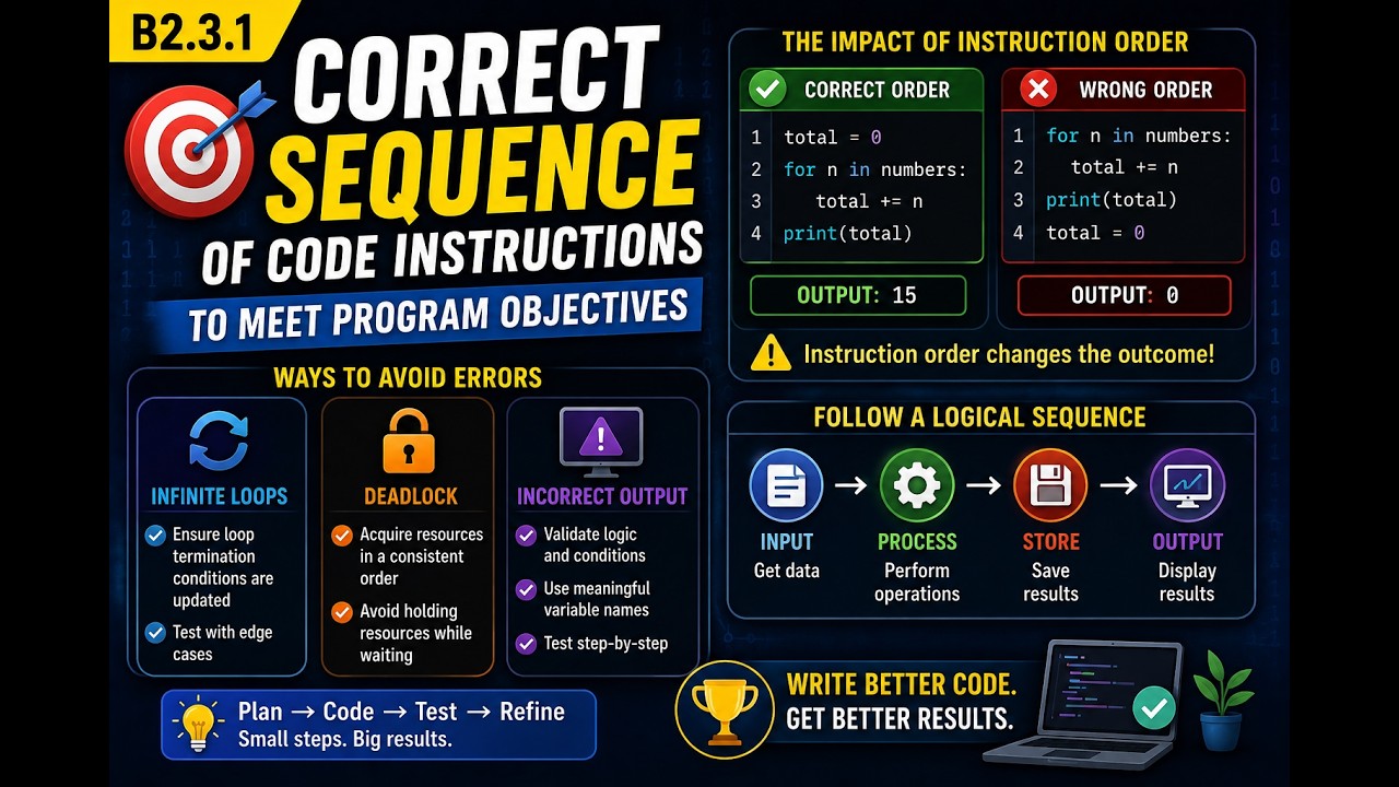B2.3.1 Construct programs that implement the correct sequence of code instructions to meet program o