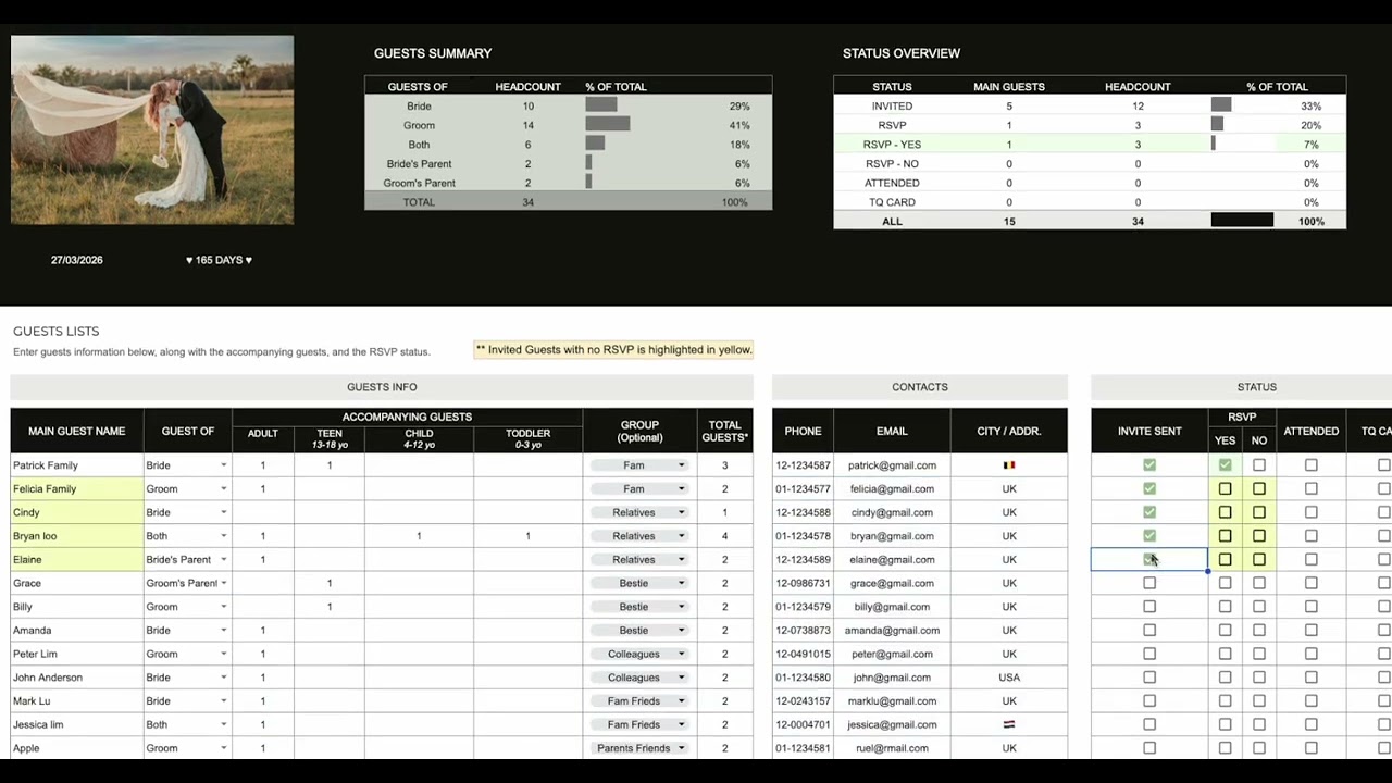 Preview: Wedding Guest List Manager - Google Sheets Template | Classic B&W