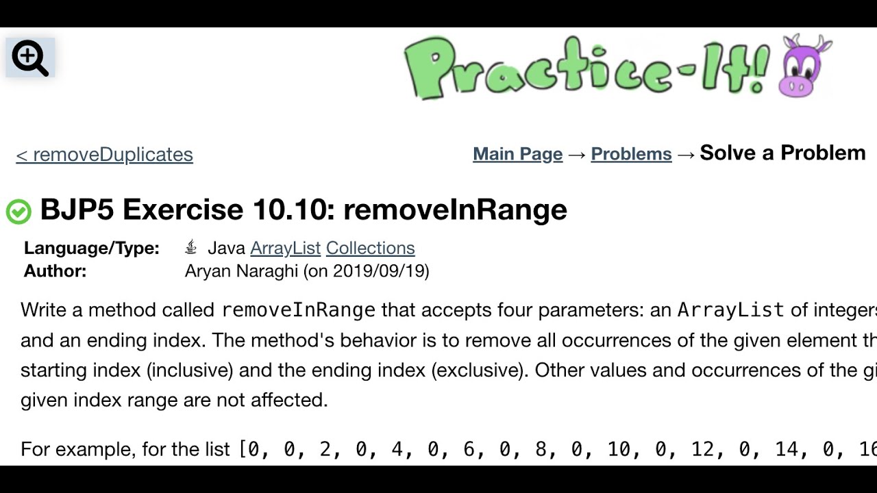 Java Practice It | Exercise 10.10: removeInRange | ArrayList, collections, array list