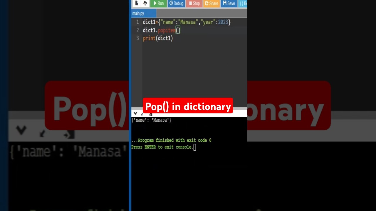 pop method in dictionary class 7 #python #pop #coding #shorts #dictionary