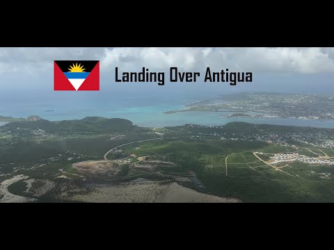Airbus A321 landing at V. C. Bird International Airport in Antigua with aerial view over St. John
