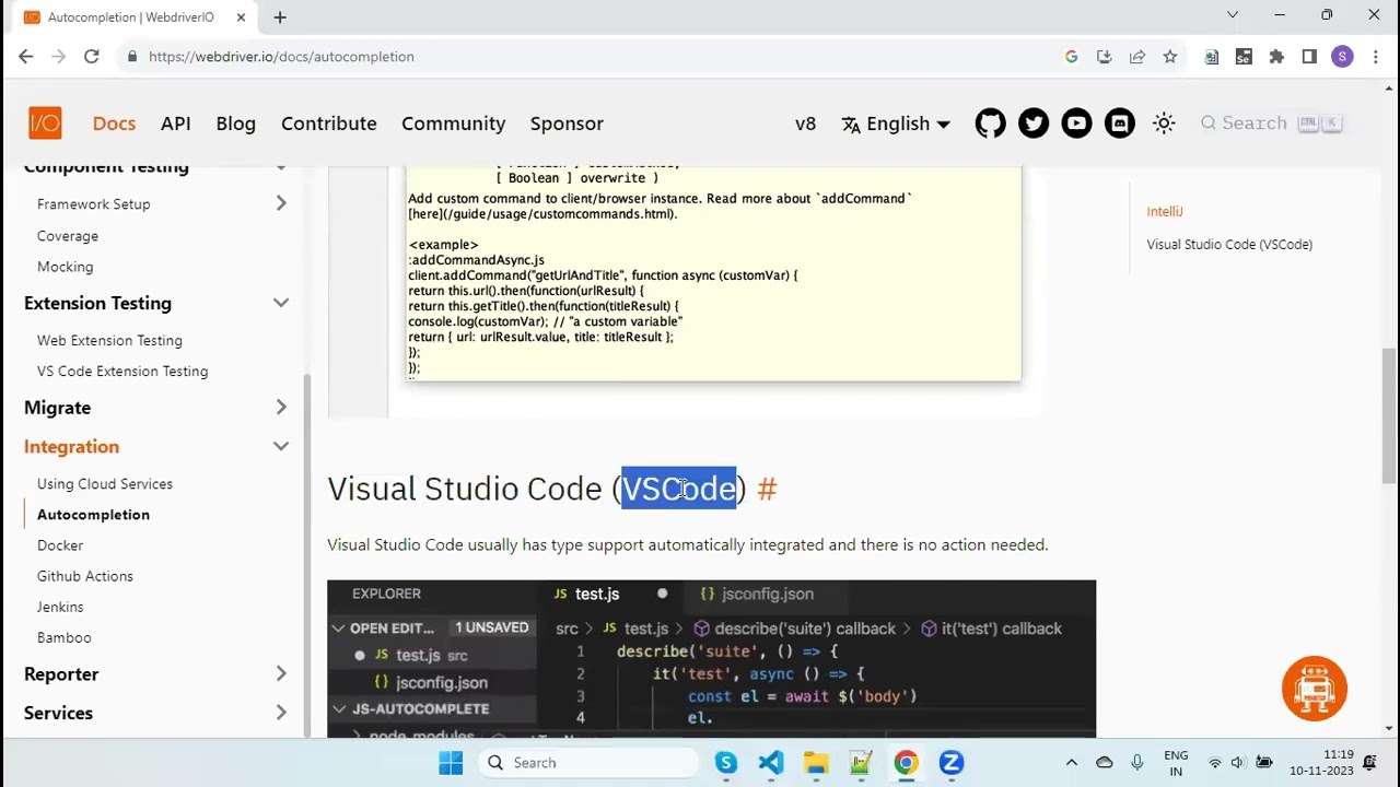 Tutorials 3 || WebdriverIO || Autocompletion setup in visual studio code
