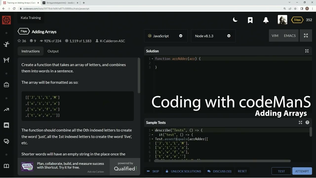 Codewars 7 kyu Adding Arrays JavaScript