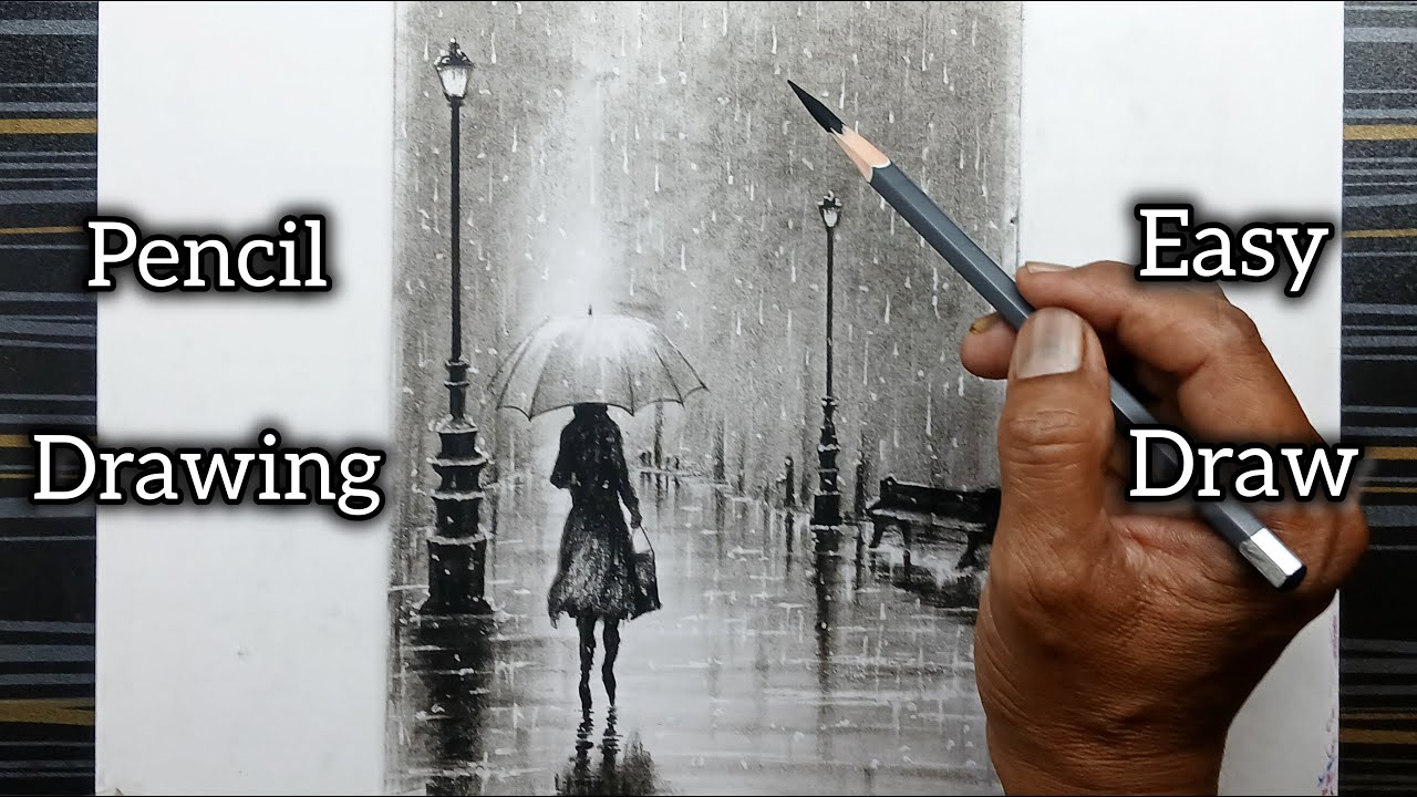 Pencil drawing landscape of a girl with umbrella in snowfall night mode.